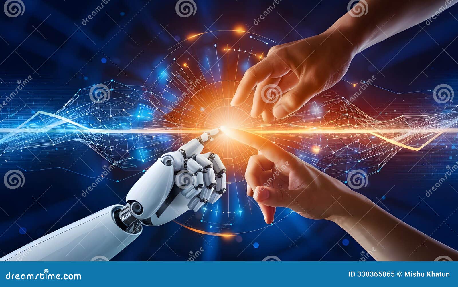 AI Machine Learning Hands of Robot and Human Touching on Big Data ...