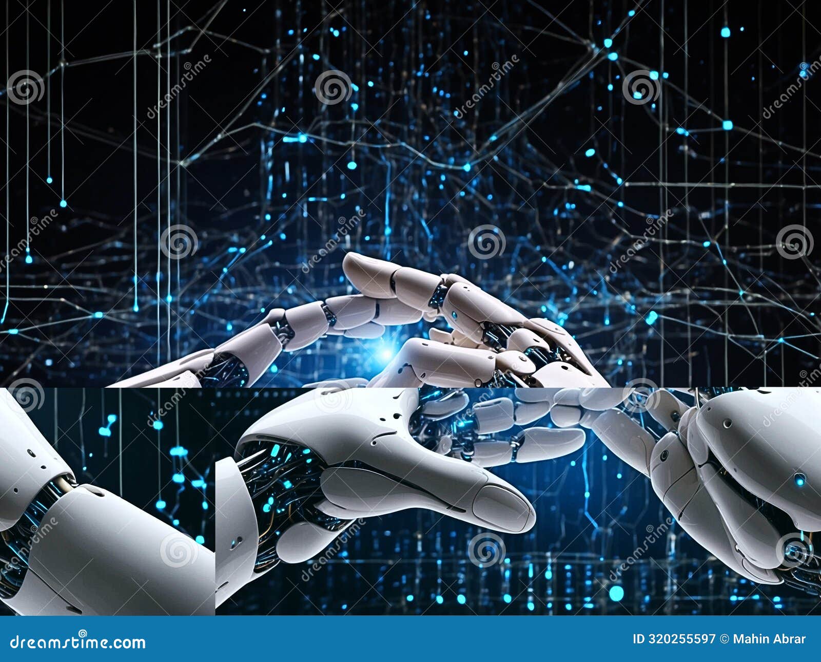 AI, Machine Learning, Hands of Robot Touching on Big Data Network Connection Background. Stock ...