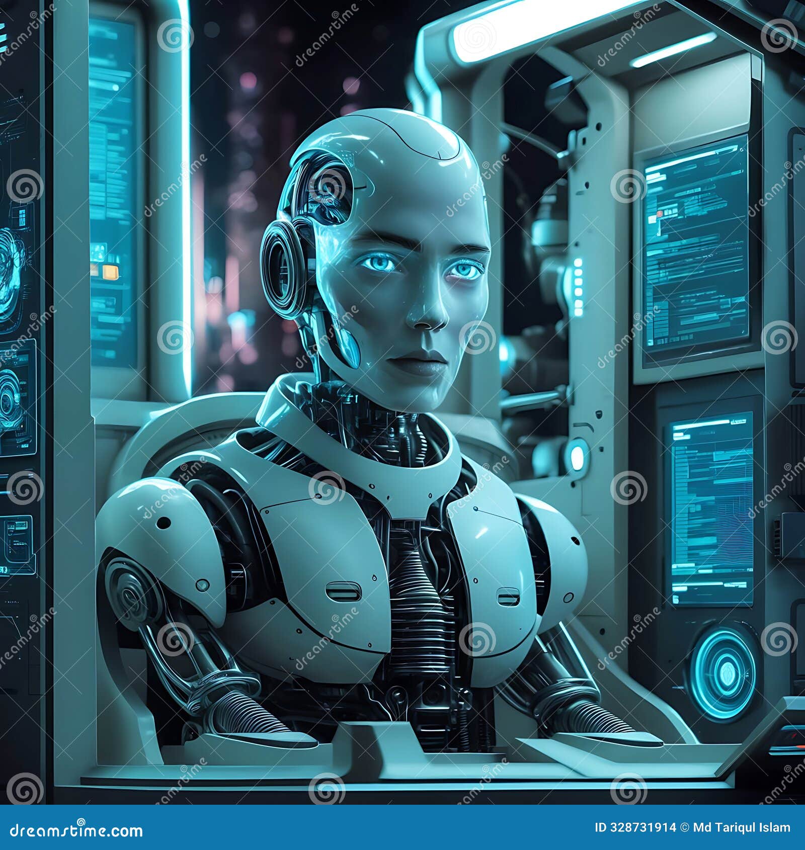 AI, Machine Learning, Human And Robot Hands Interacting With Massive ...