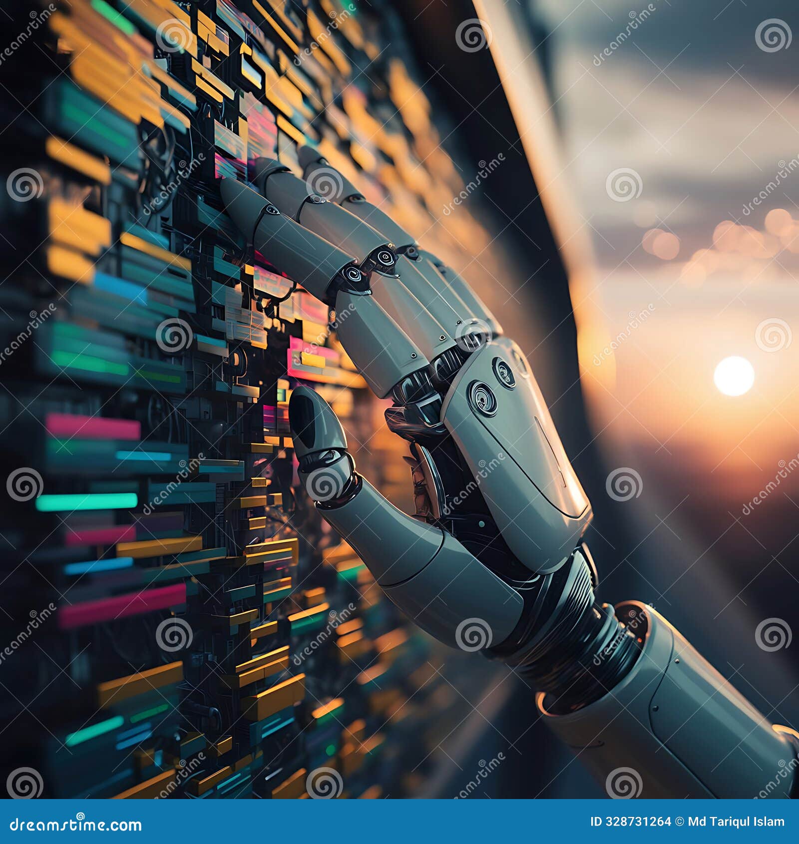 AI, Machine Learning, Human and Robot Hands Interacting with Massive ...