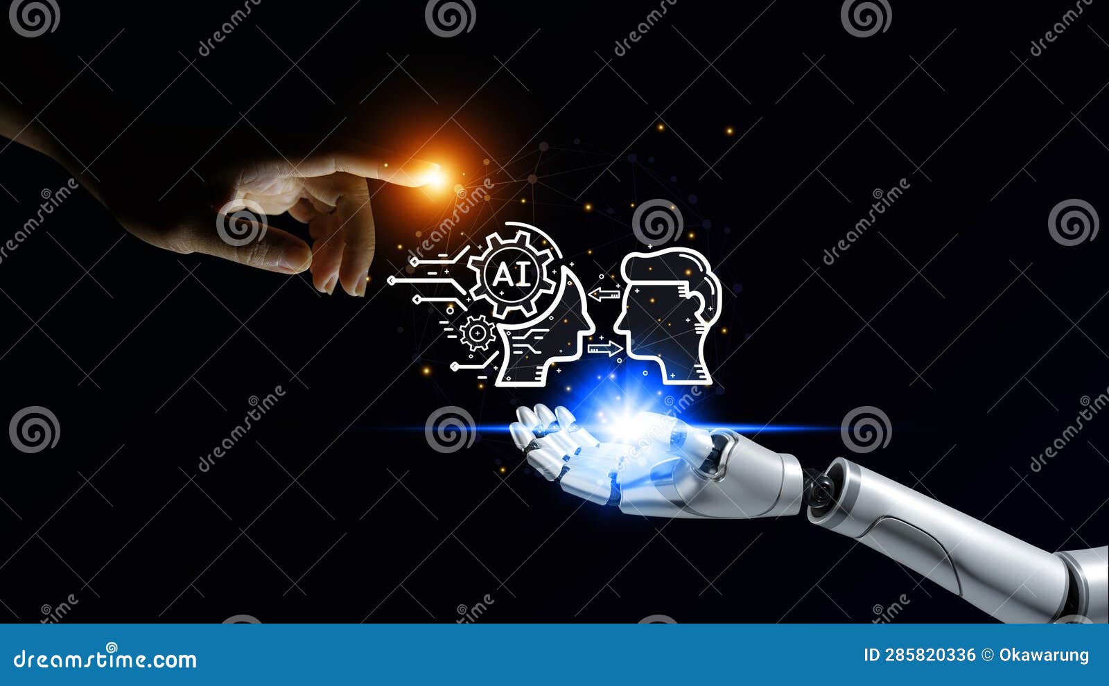 AI,Machine Learning, Robotic Hand and Human Touch Global Virtual Icon Represents the Exchange of ...