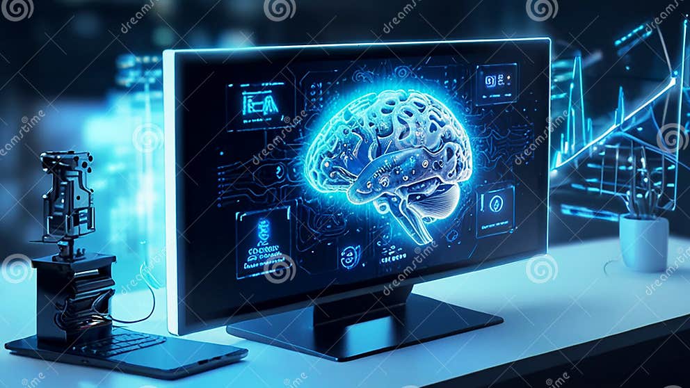 AI Machine Learning on Virtual Screen Digital Table Technology, Intelligence Brain Coding ...
