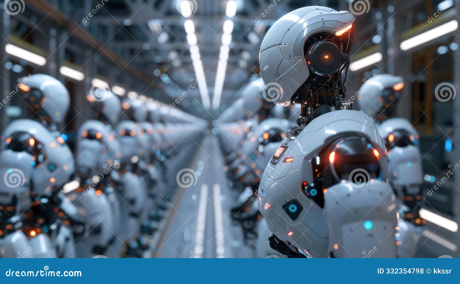 AI Manufacturing Optimization, an Assembly Line Bustling with Smart Robots Autonomously Handling ...
