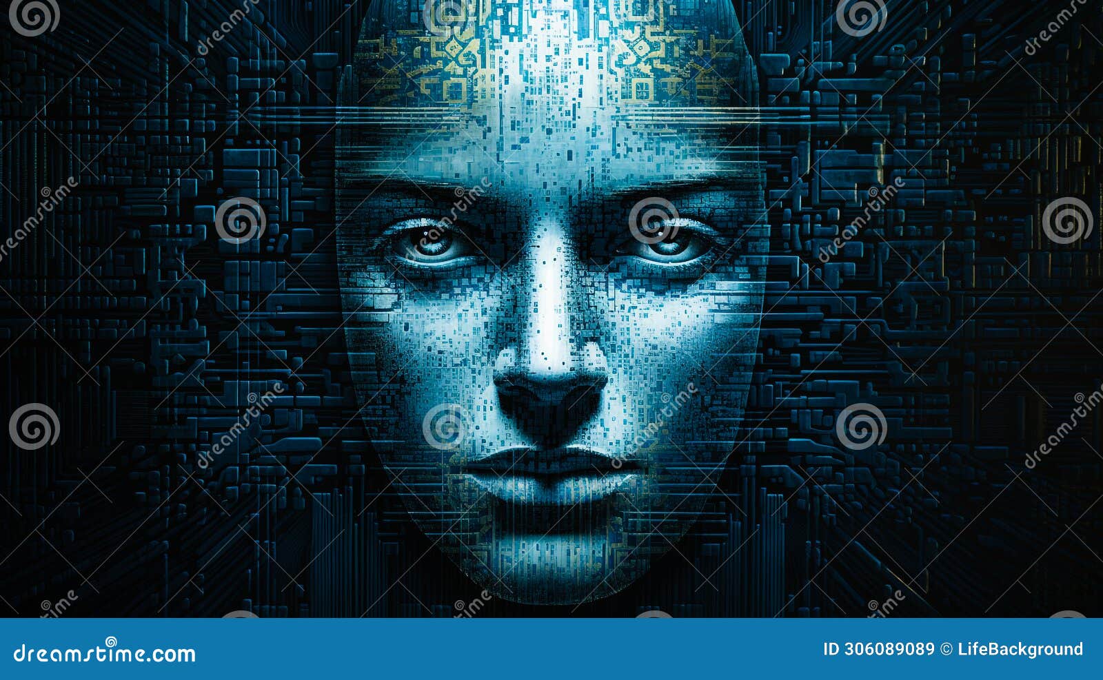AI Marvel: Cyborg Face Emerges on a Blue Grid, Blending Complex Imagery ...