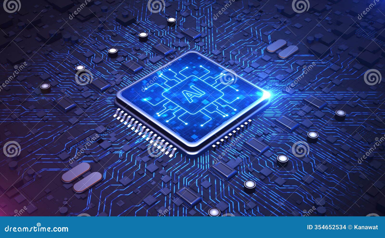 AI Microchip Embedded in an Intricate Blue Circuit Board, Advanced ...