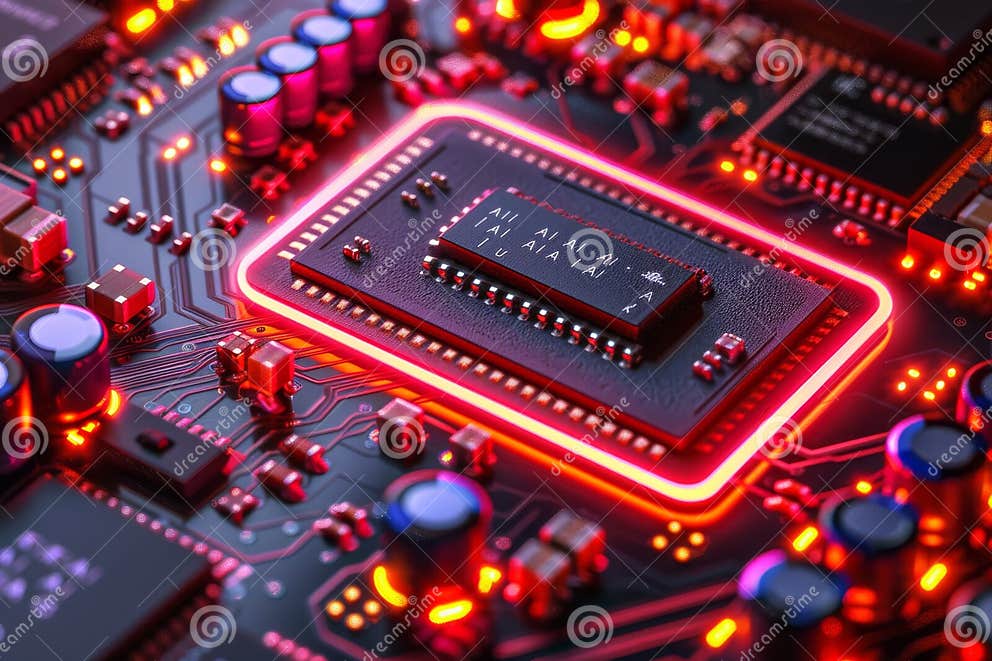 AI Microchip with Glowing Red Circuits, Advanced Electronic Hardware ...
