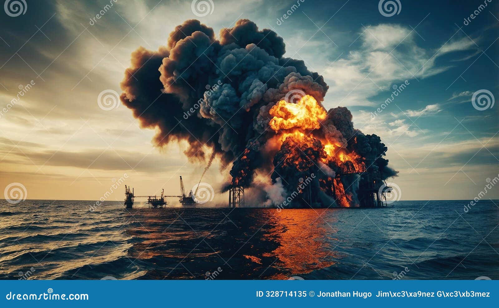 Ai Oil Platforms Burning in the Middle of the Sea Stock Illustration ...