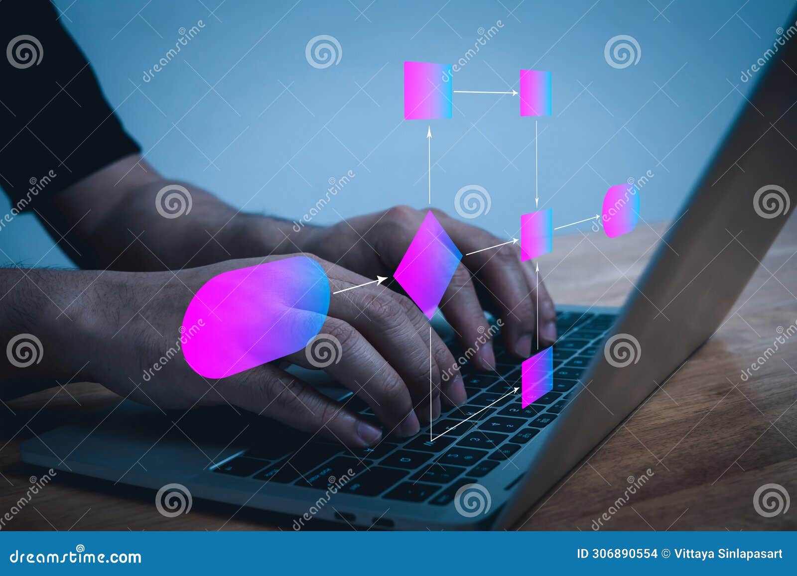 People Hand Working on Laptop Computer with Digital Flowchart Database ...