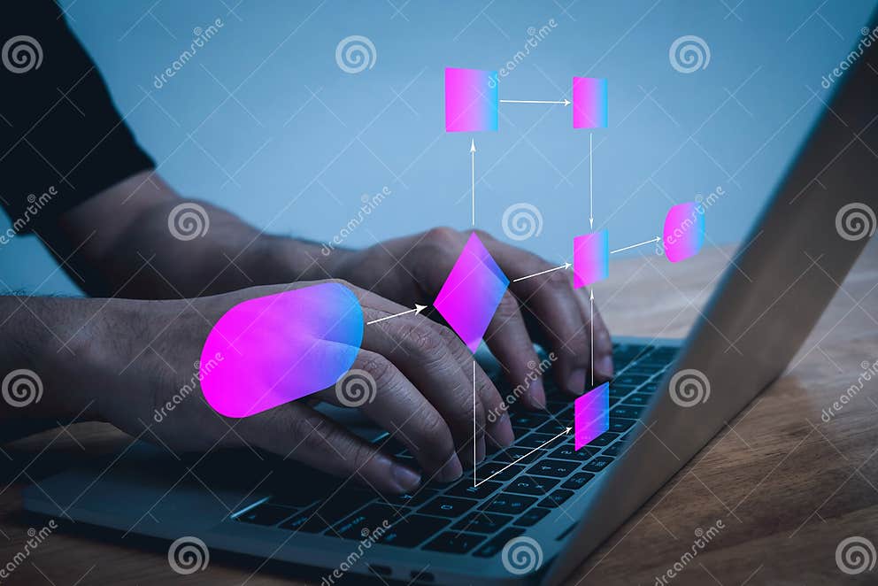 People Hand Working on Laptop Computer with Digital Flowchart Database ...