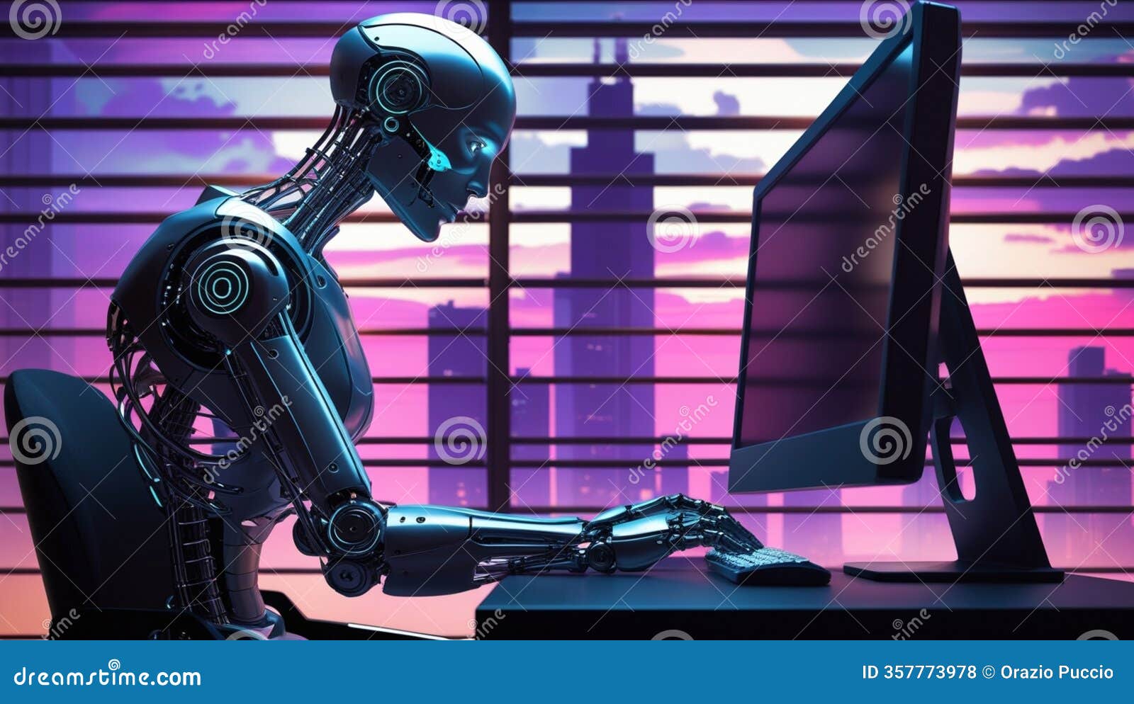 AI-Powered Future â€ High-Tech Robot Using a Computer at Night Stock ...