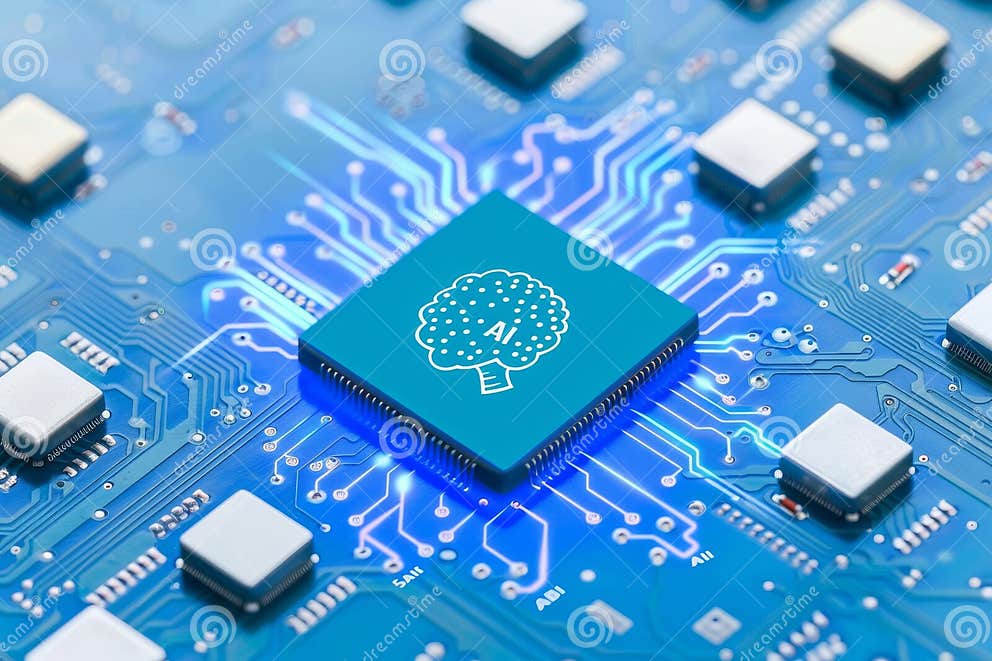 AI Processor with Brain Icon on Blue Circuit Board, High Tech Design ...