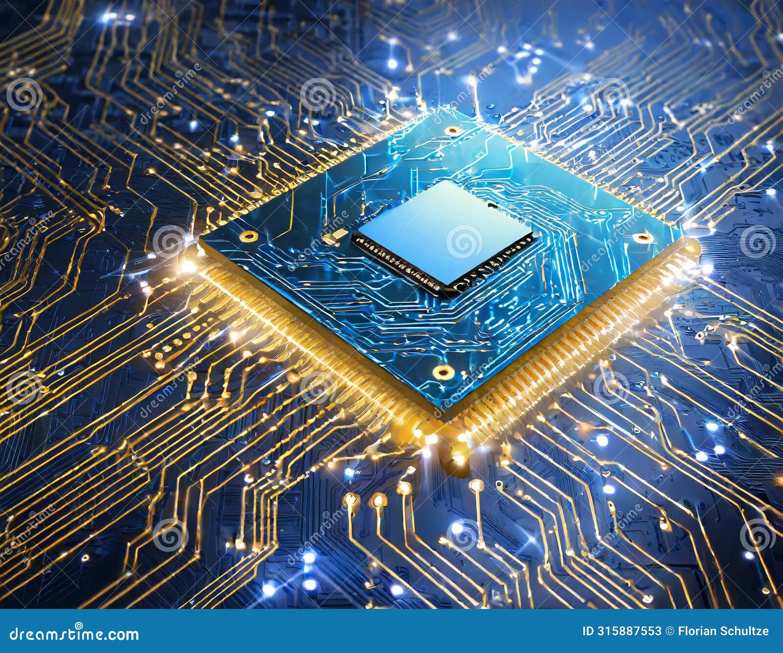 AI Processor Chipset with Glowing Connections on a Blue Circuit Board ...