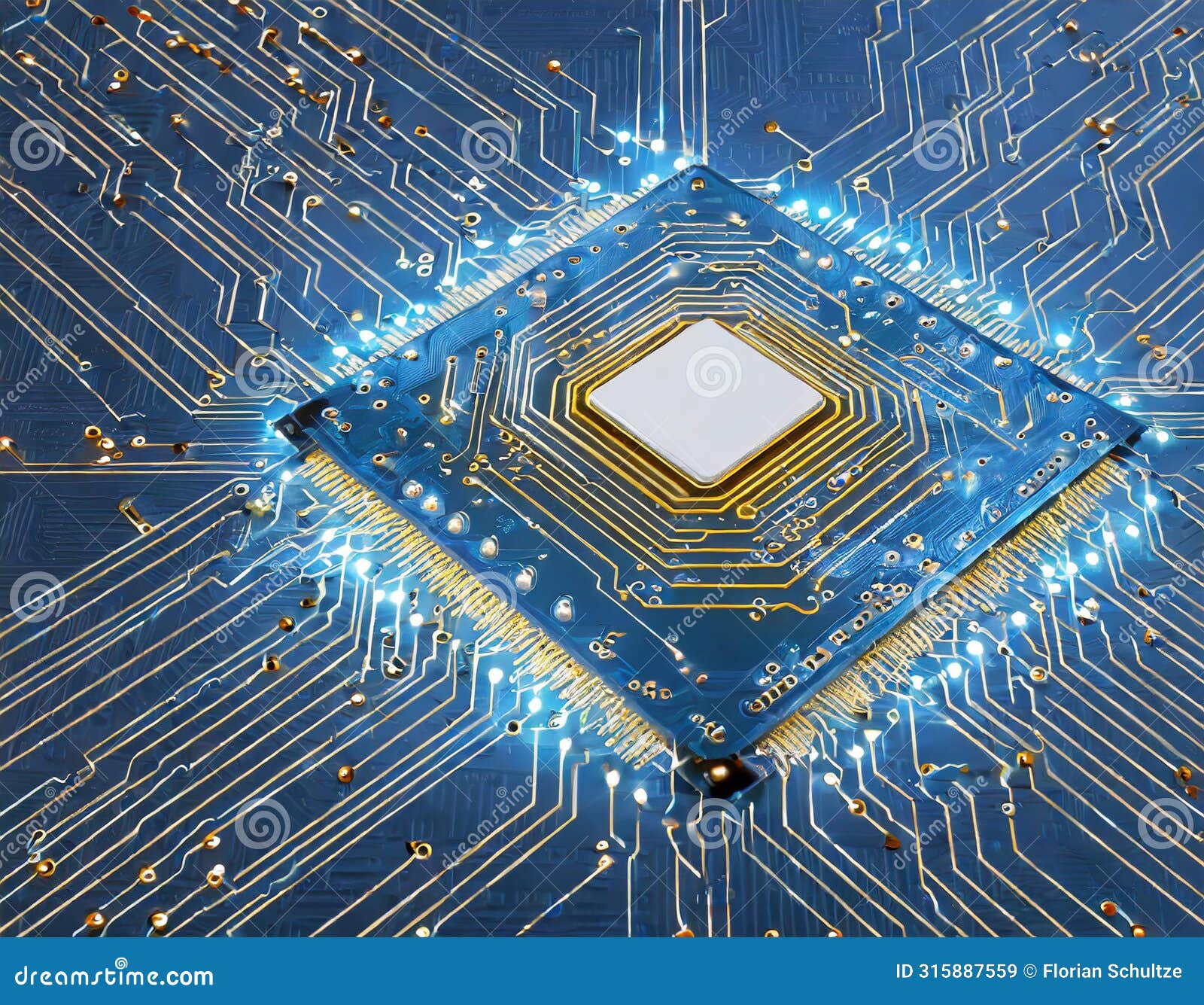 AI Processor Chipset with Glowing Connections on a Blue Circuit Board ...