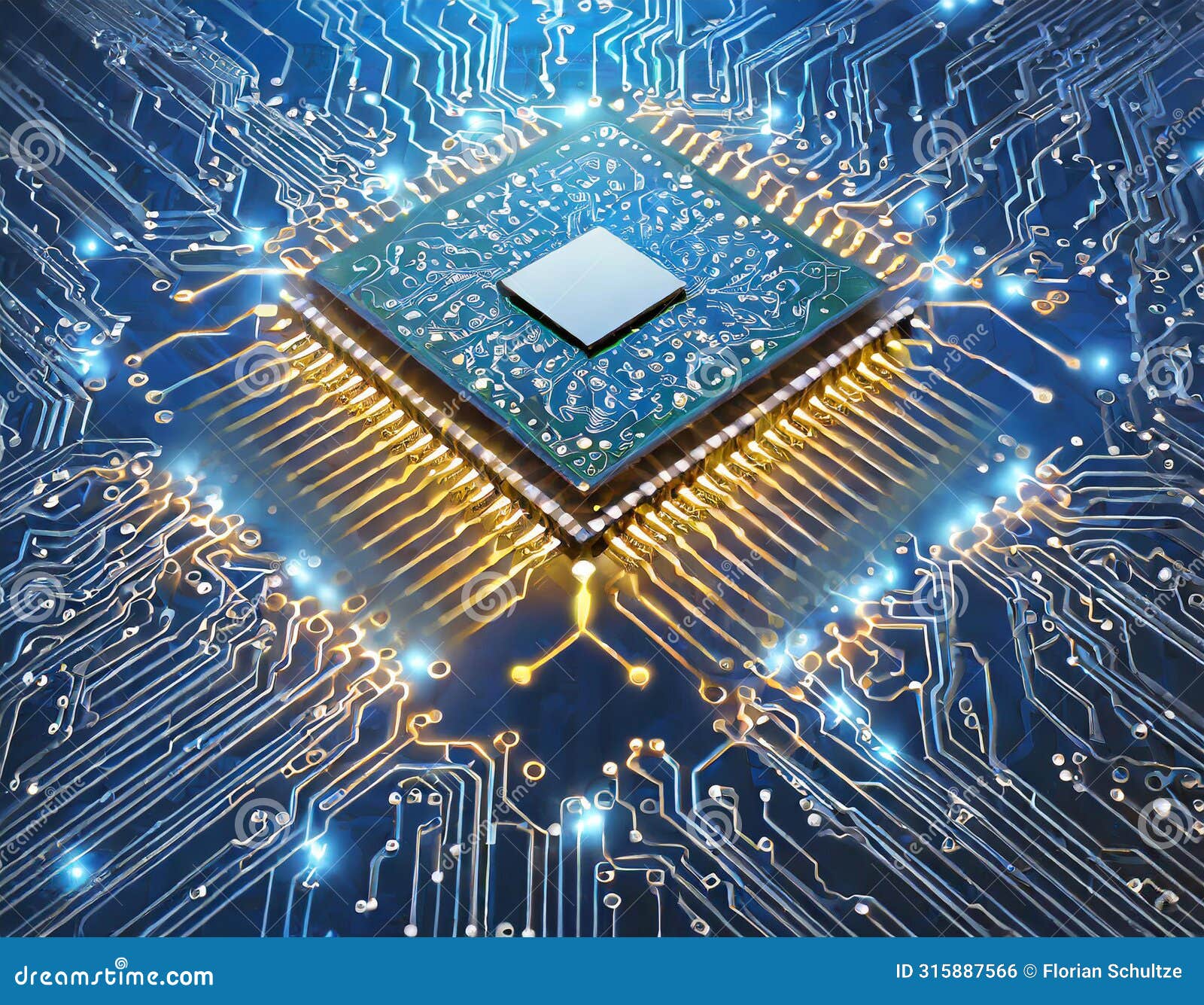 AI Processor Chipset with Glowing Connections on a Blue Circuit Board ...