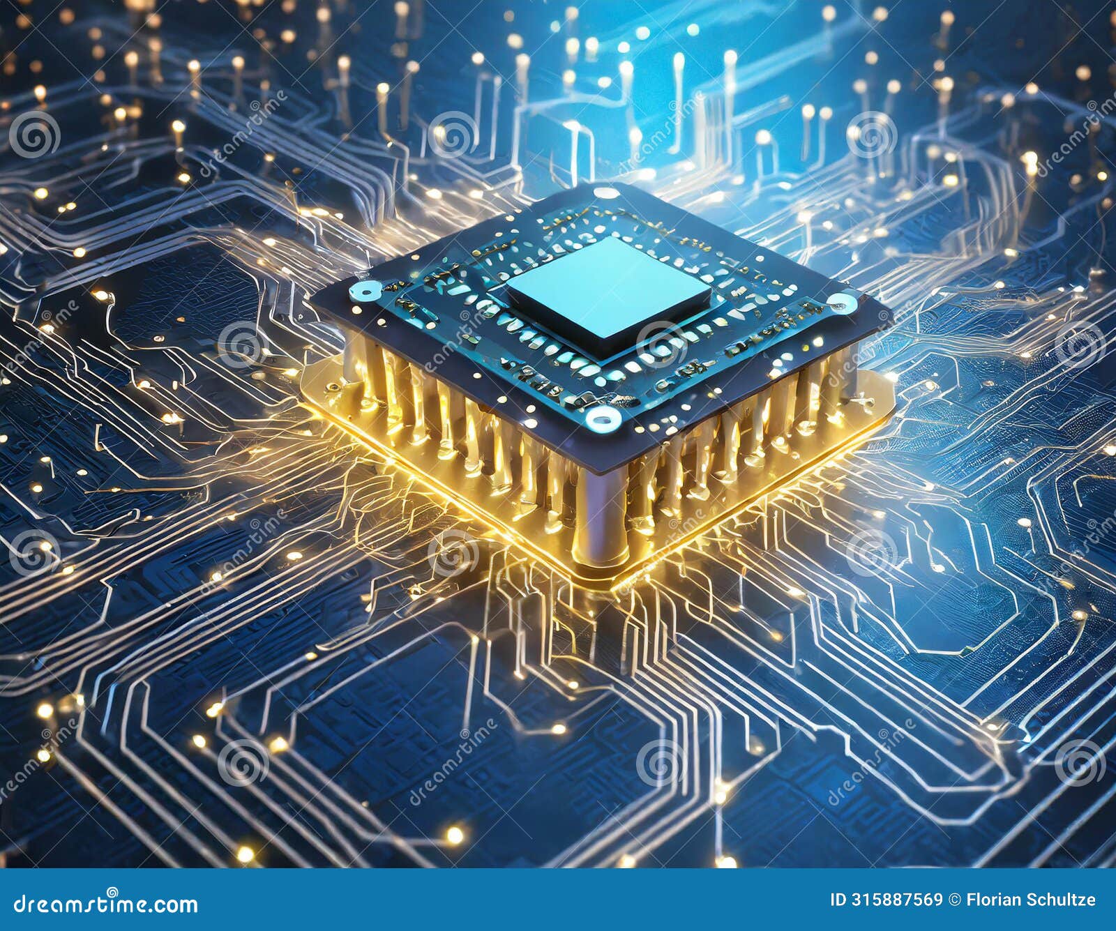 AI Processor Chipset with Glowing Connections on a Blue Circuit Board ...