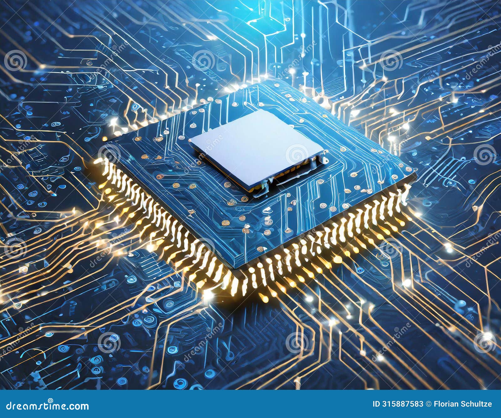 AI Processor Chipset with Glowing Connections on a Blue Circuit Board ...