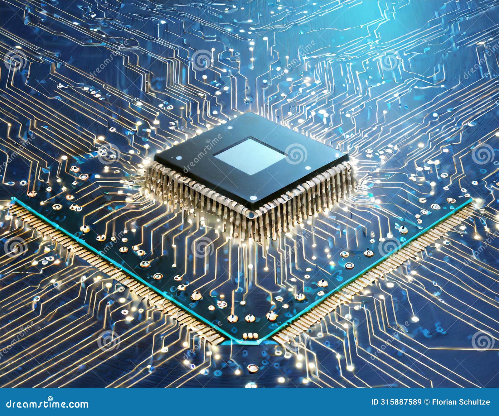 AI Processor Chipset with Glowing Connections on a Blue Circuit Board ...