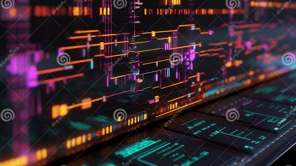 AI Programming Interface with Code and Algorithm Graphics on the Screen Stock Illustration ...