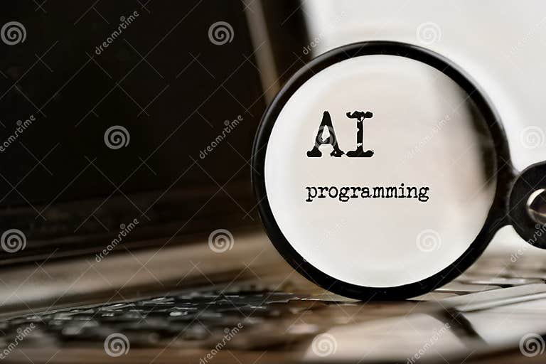AI Programming Technology Demonstrated with Laptop, Text and Magnifying ...