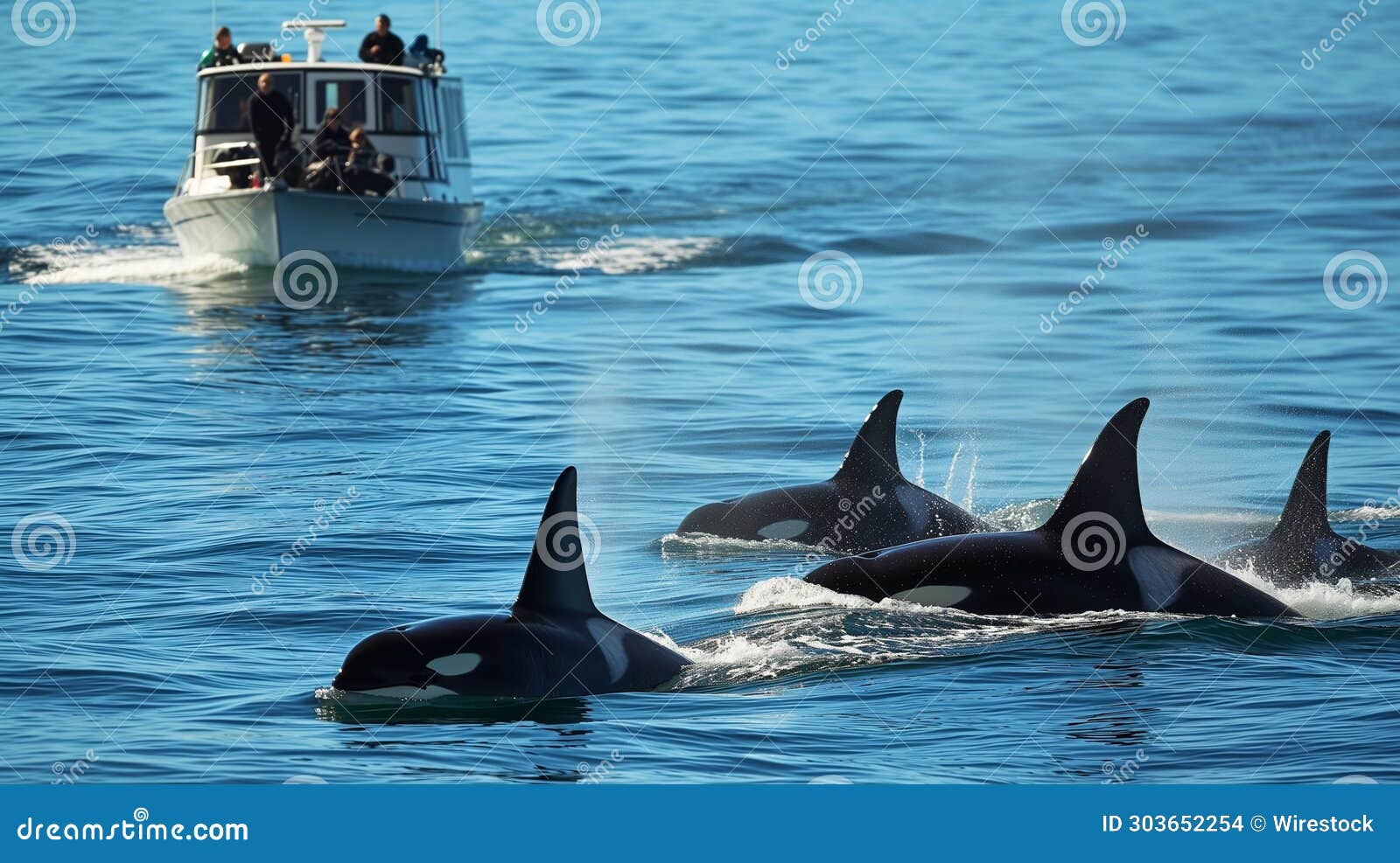 Orcas Ocean Dance beside a Boat. AI Generated Stock Photo - Image of ...