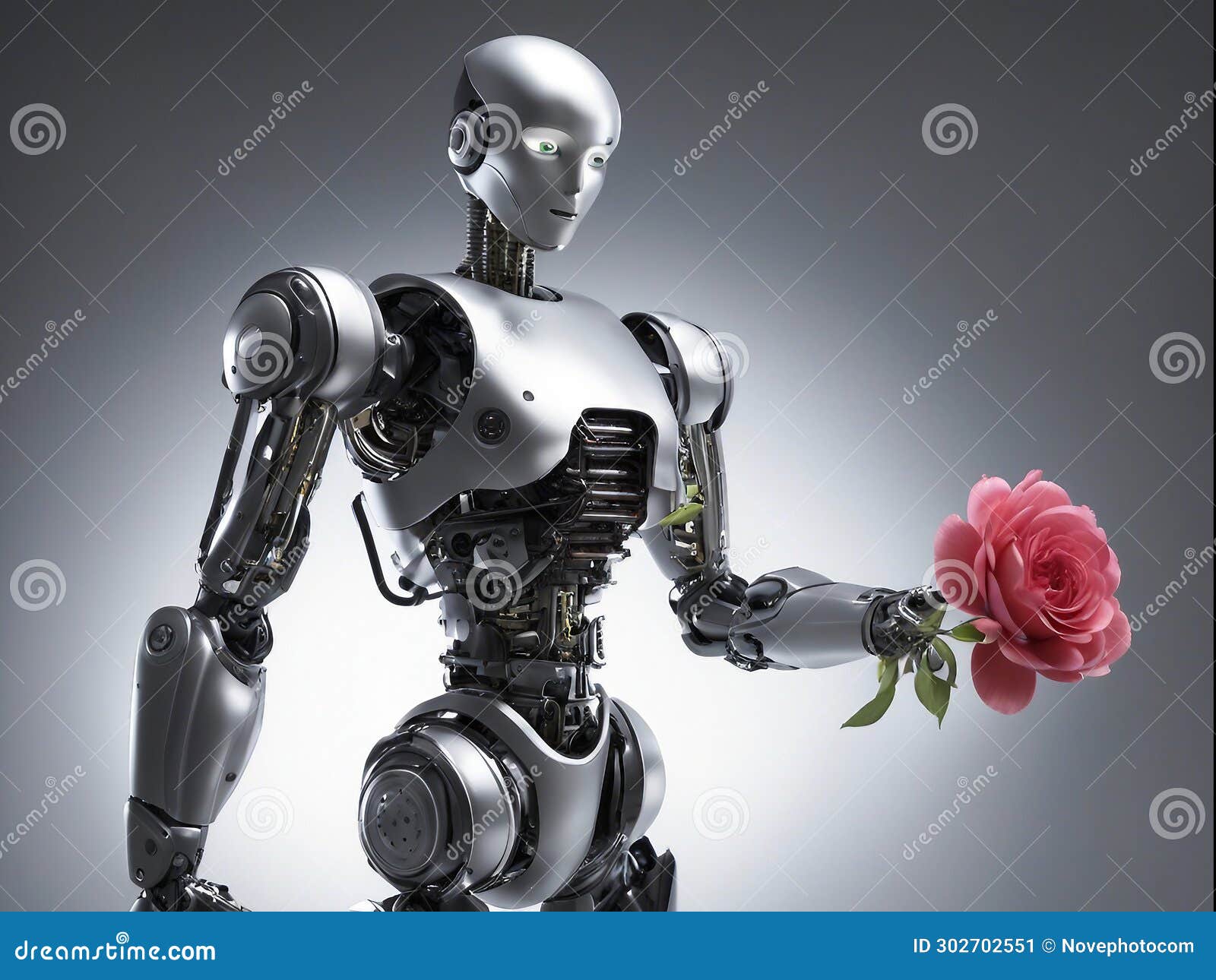 AI Robot Android. Robot with Flowers in Hands Close-up. Romantic Droid ...