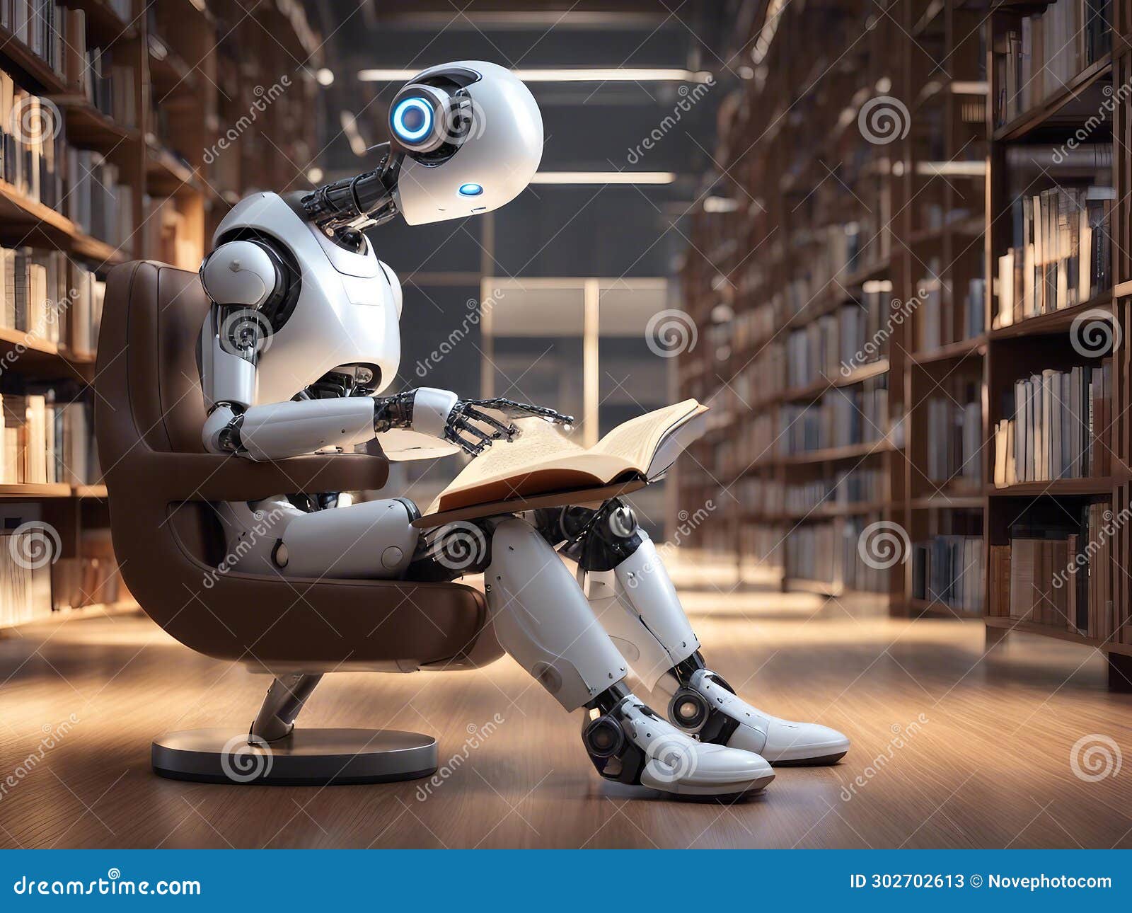 AI Robot Android. Robot Studying a Book in the Library. Smart Robot ...