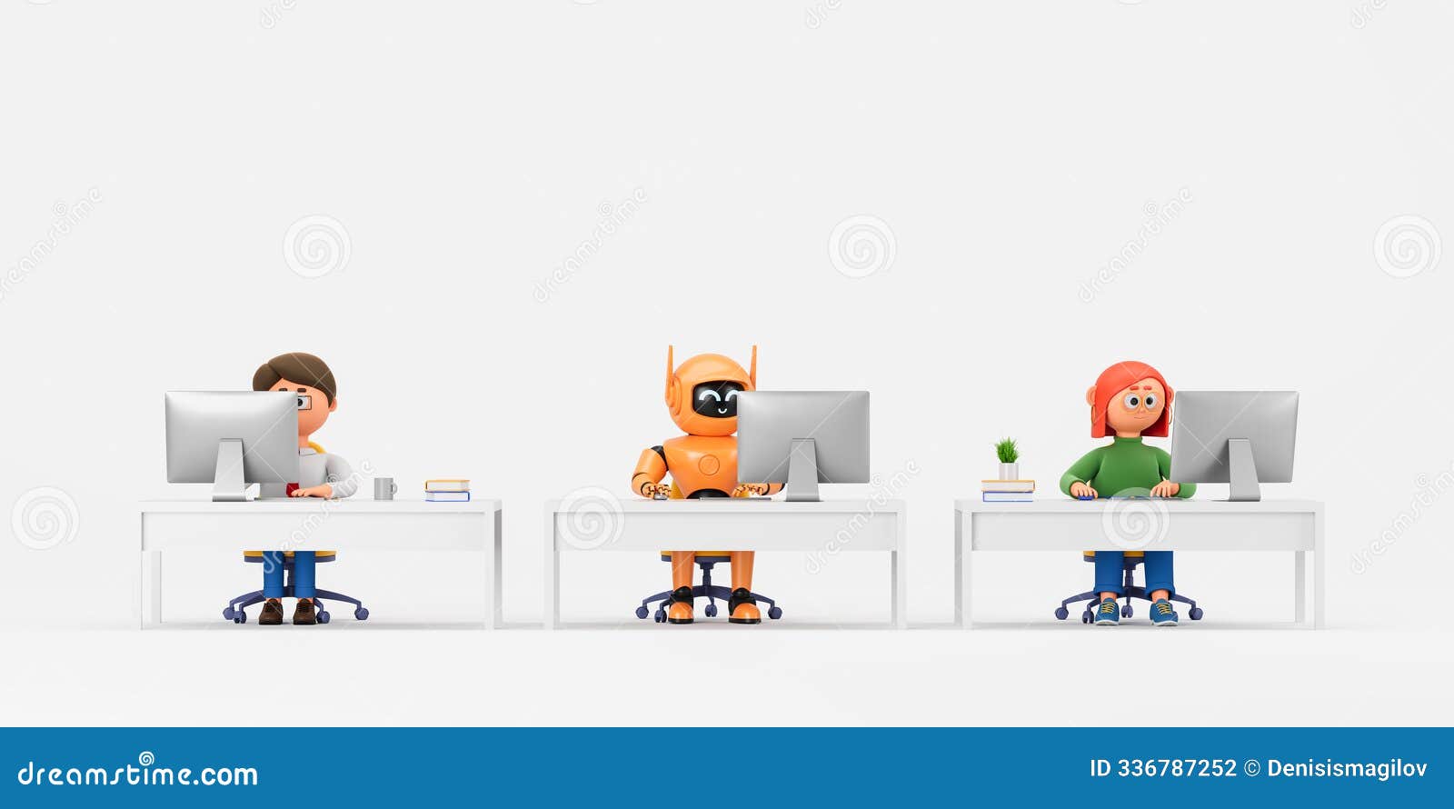 AI Robot with Cartoon People in Row, Machine Replace Human Concept ...