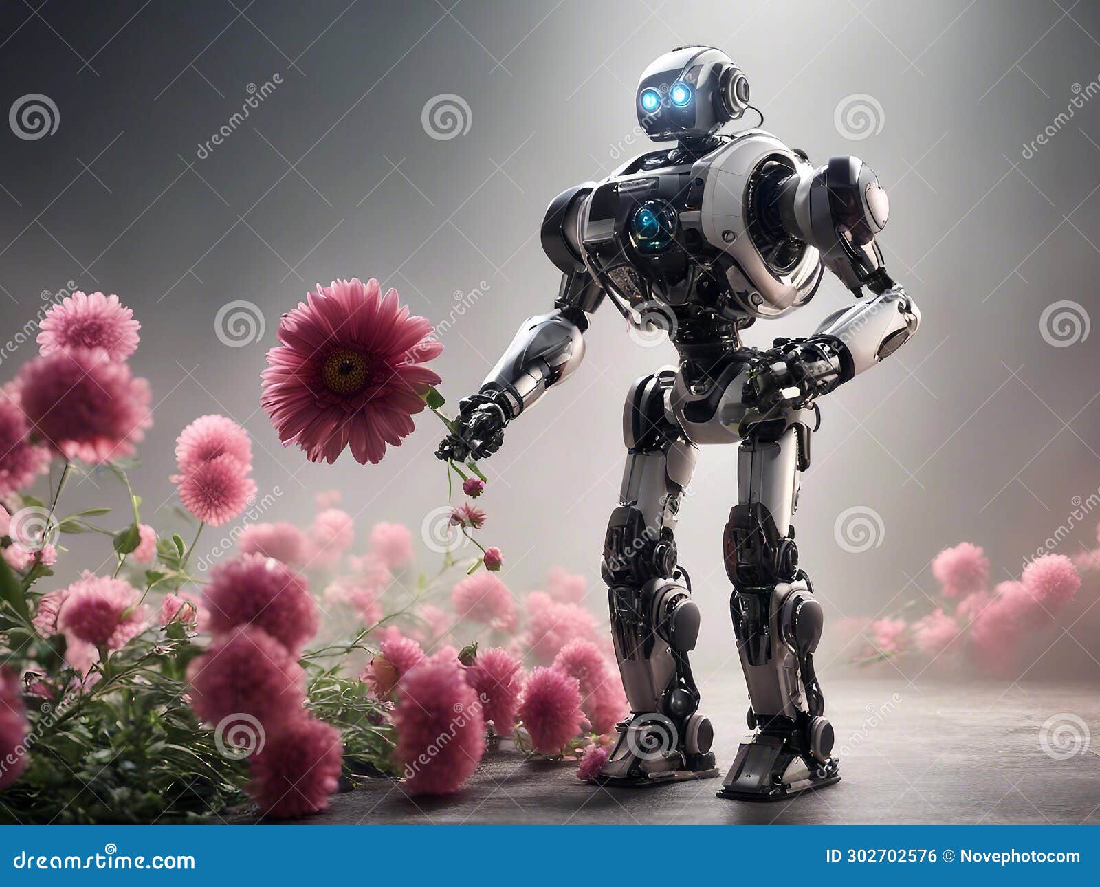 AI Robot Droid. Robot with Flowers in Hands among Red Flowers. AI ...