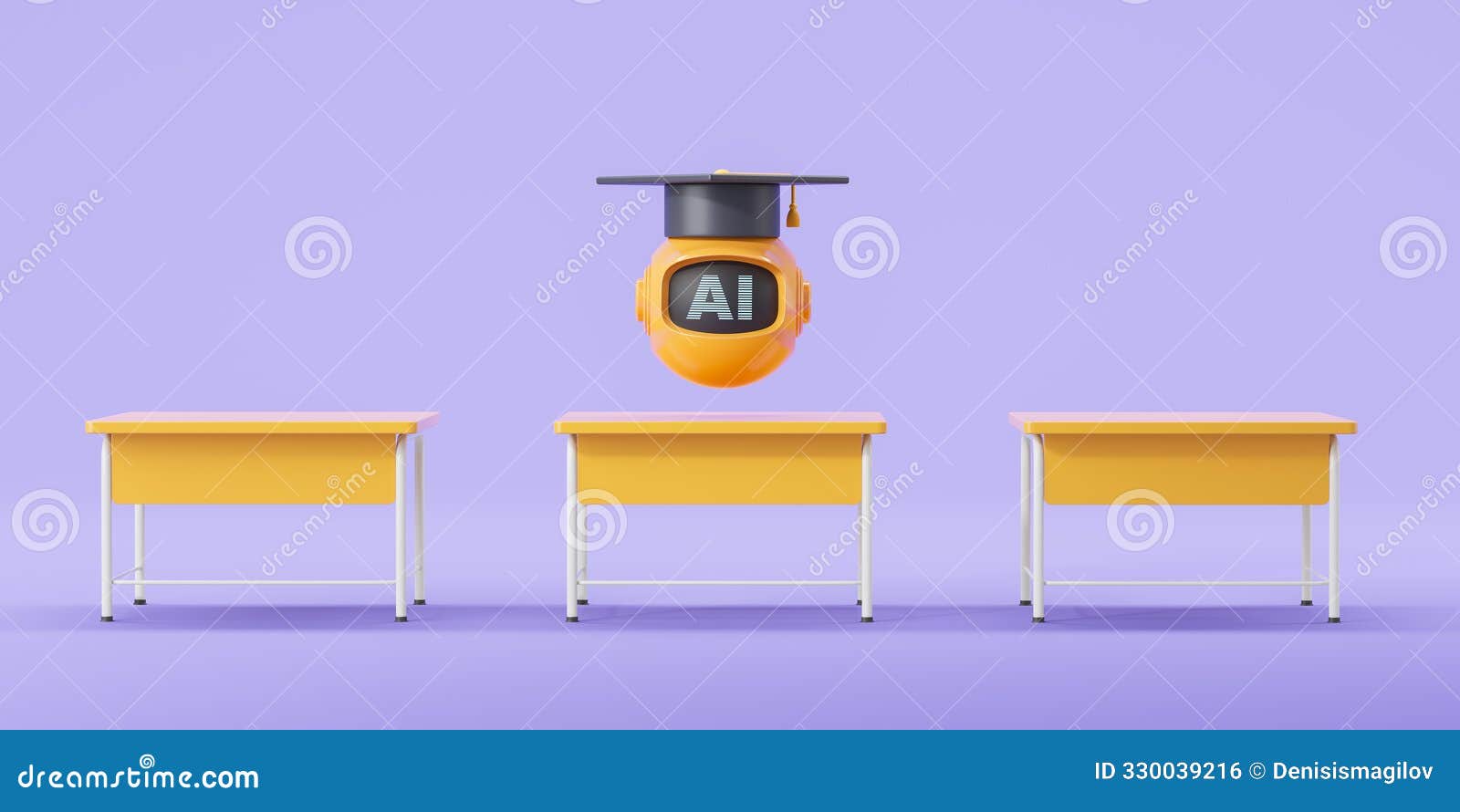AI Robot In Graduation Cap And Work Desks In Row, Education Concept ...