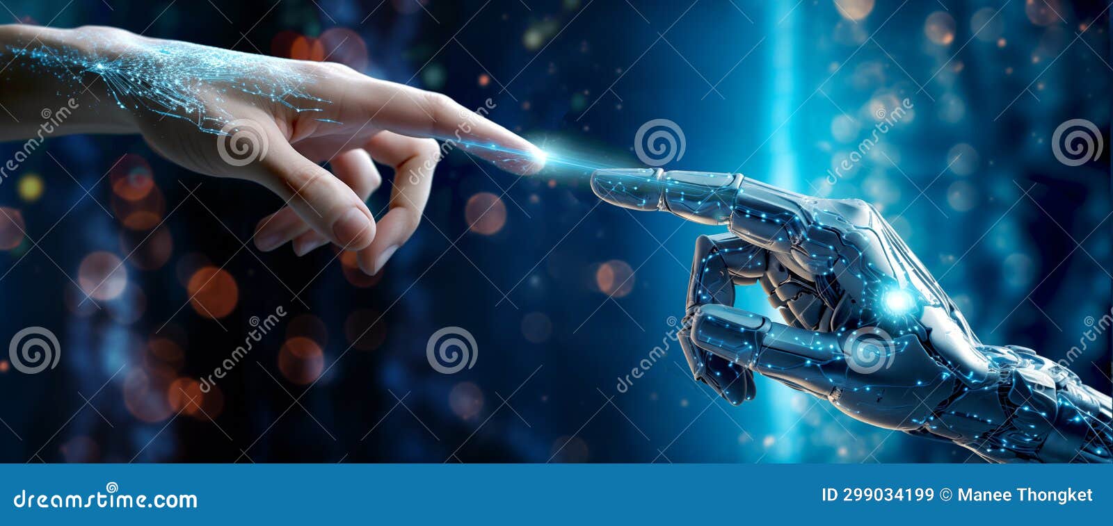 AI Robot Hand Reaching Out To Human Hand, Finger of Artificial ...