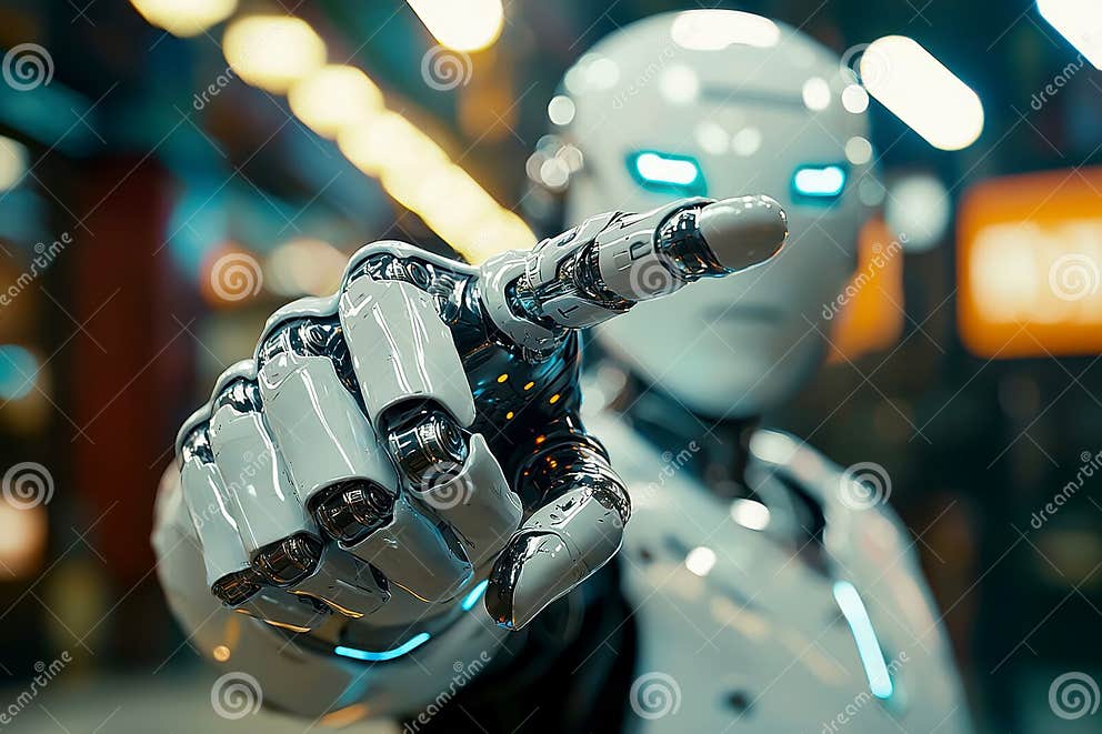 A AI Robot Index Hand Pointing Out on Blur Background. Stock ...