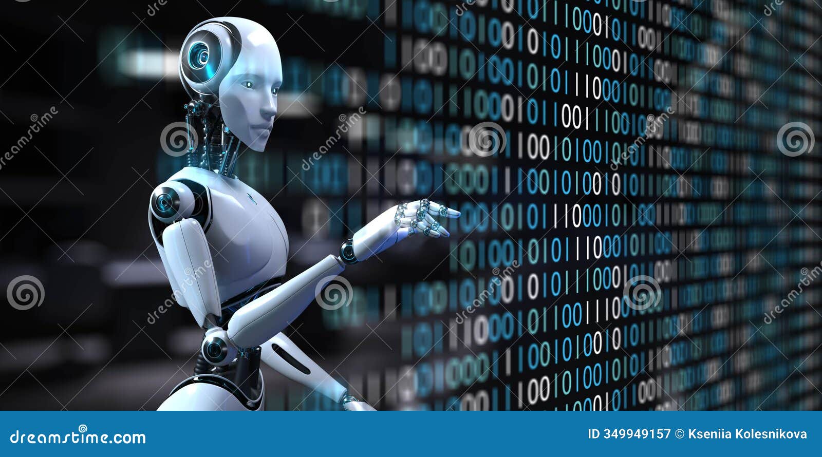 Ai Robot Interacting With Binary Code Big Data And Data Analytics For