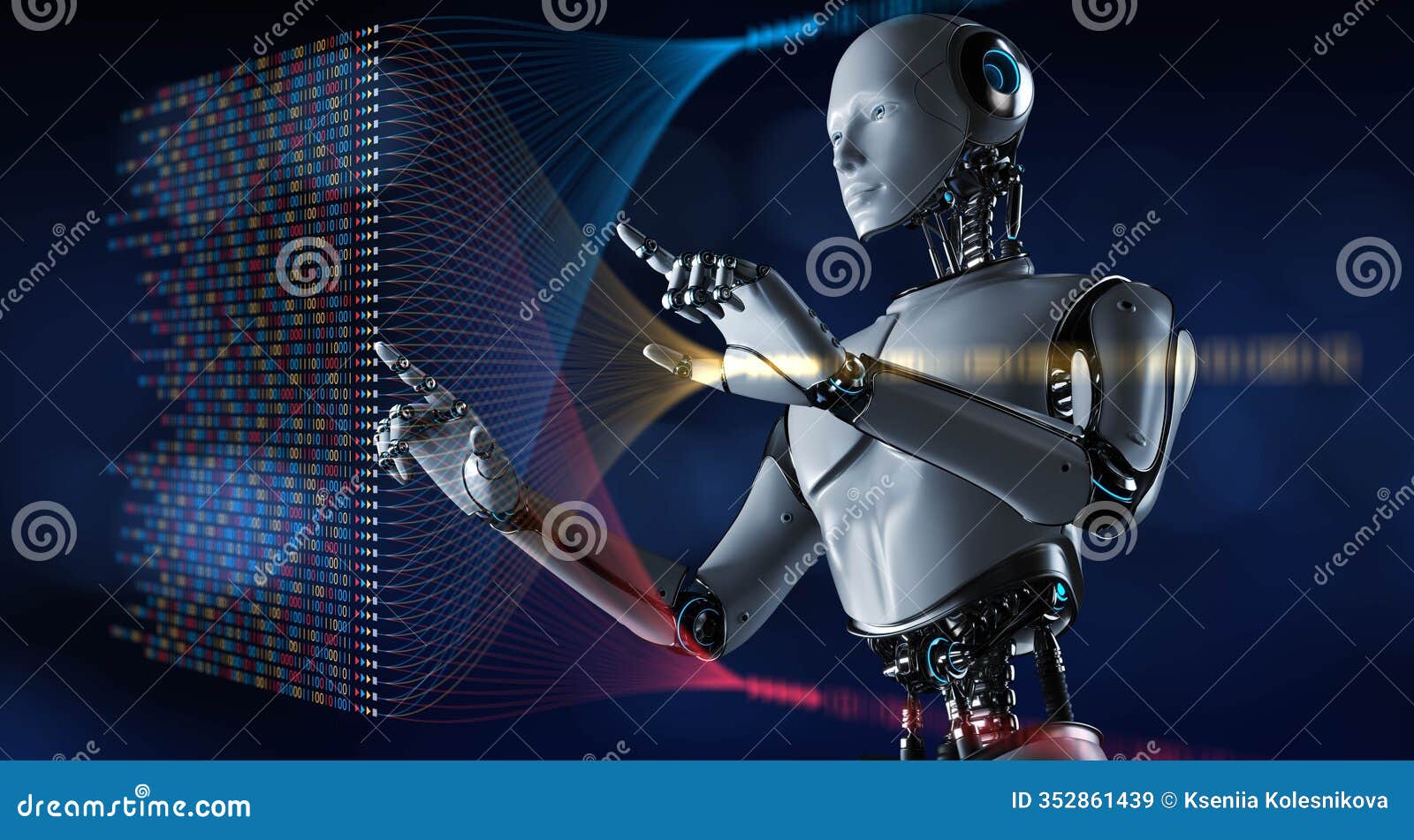 AI Robot Interacting with Binary Code, Big Data, and Data Analytics for Business and Technology ...