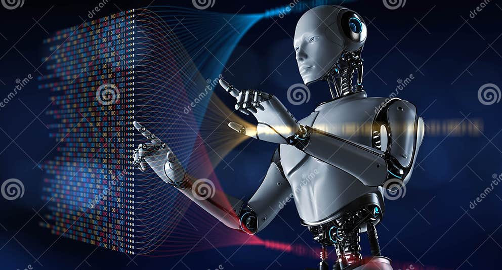 Ai Robot Interacting With Binary Code Big Data And Data Analytics For