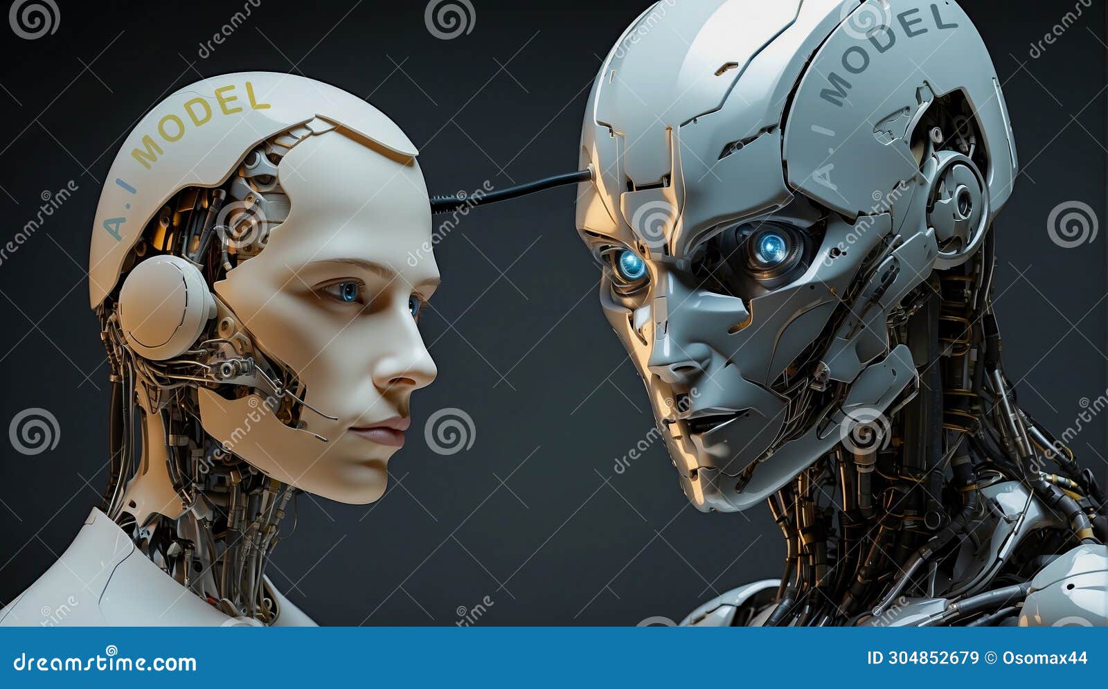AI Robot Model and Humanoid Interconnected by Cable Illustrating ...