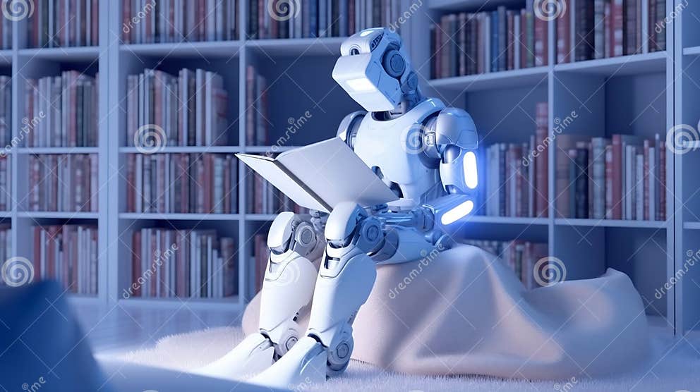 AI Robot Reading Book in Library. Artificial Intelligence, Machine ...