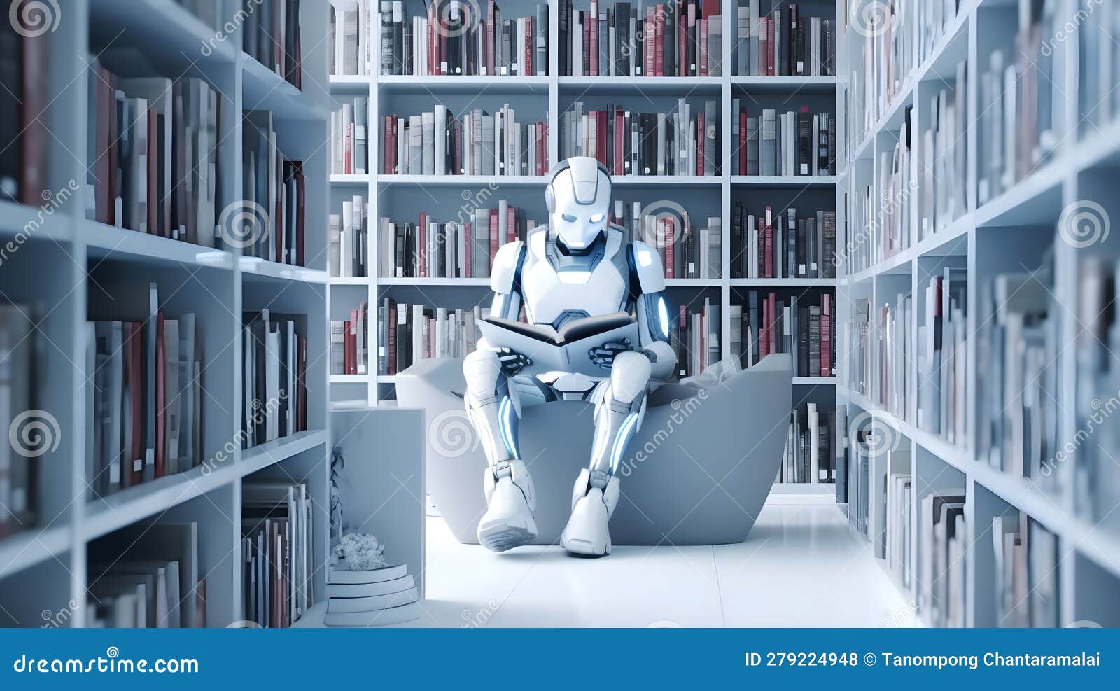 AI Robot Sitting and Reading Book in Library. Artificial Intelligence ...