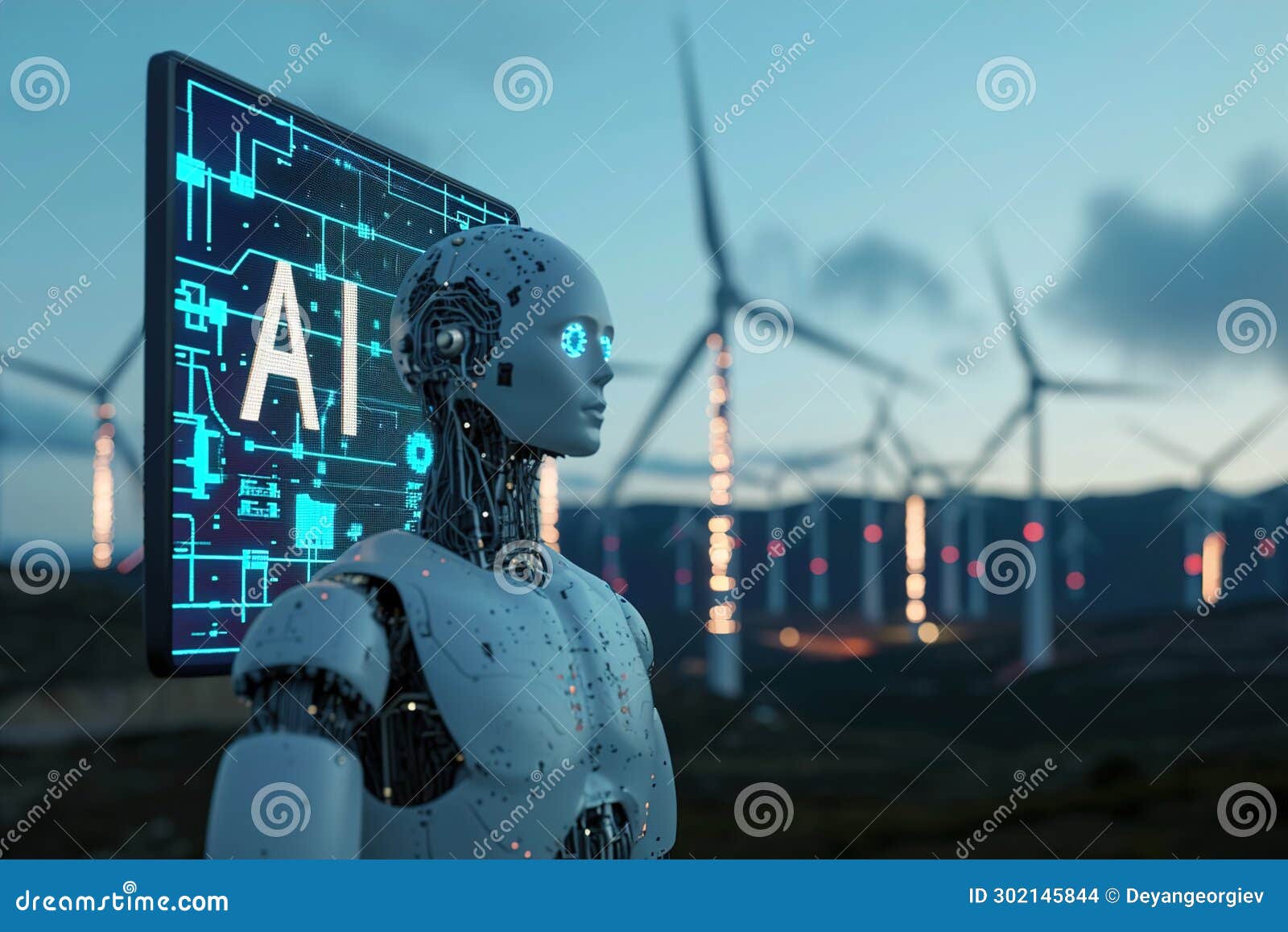 AI Robot Standing In Front Of A Computer Screen, Many Wind Generators In The Background Royalty ...