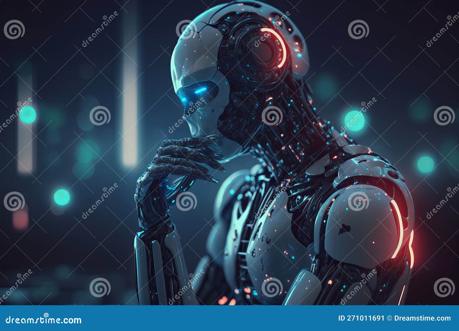 Ai Robot Thinking With Hand On Chin, Artificial Intelligence Glowing ...