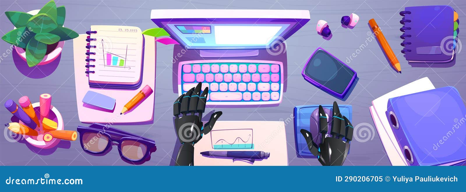 Ai Robot Typing in Office Desktop Top View Vector Stock Vector ...