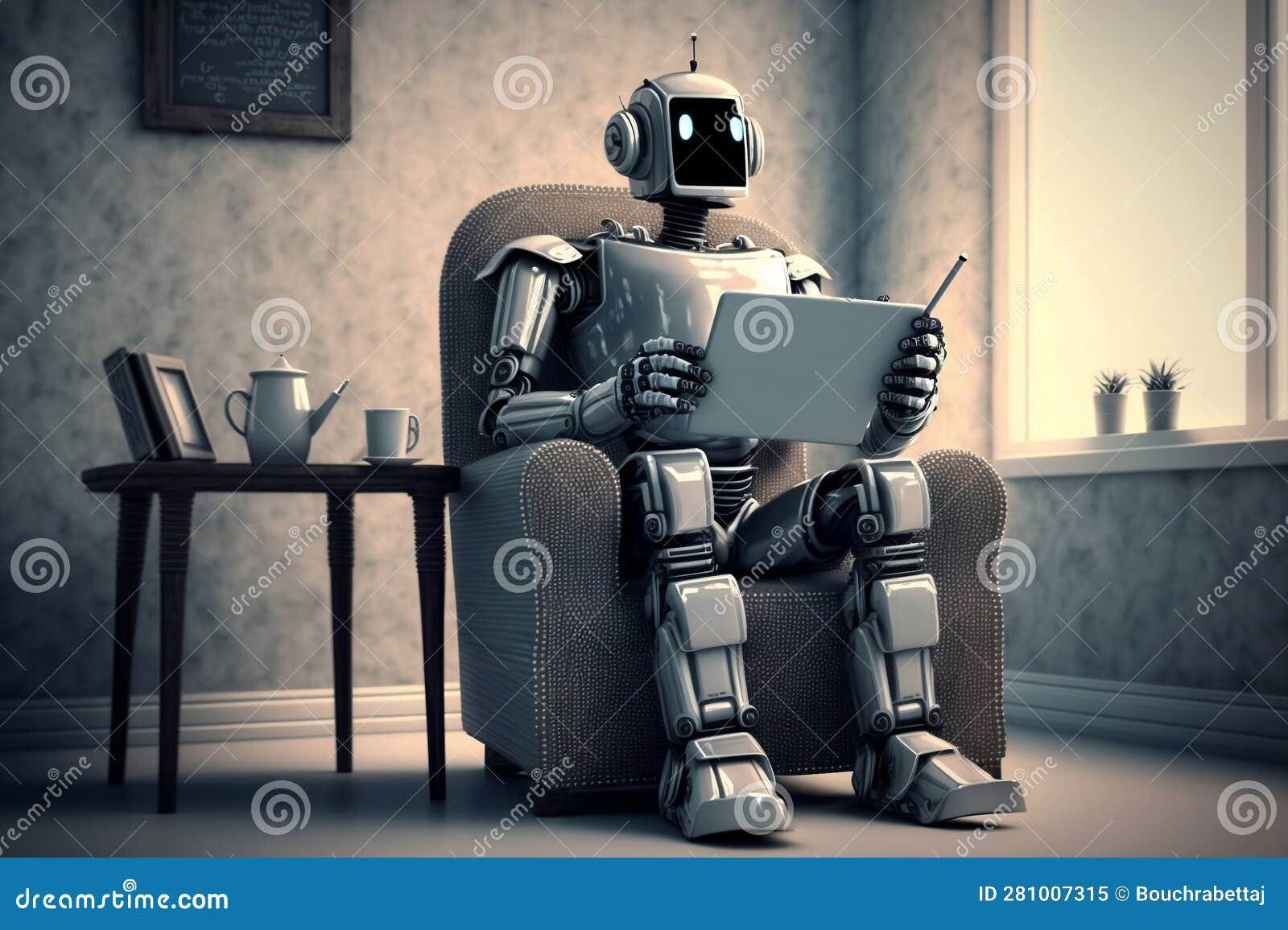 AI Robot Uses Digital Tablet Sitting in Armchair in House Room, AI ...