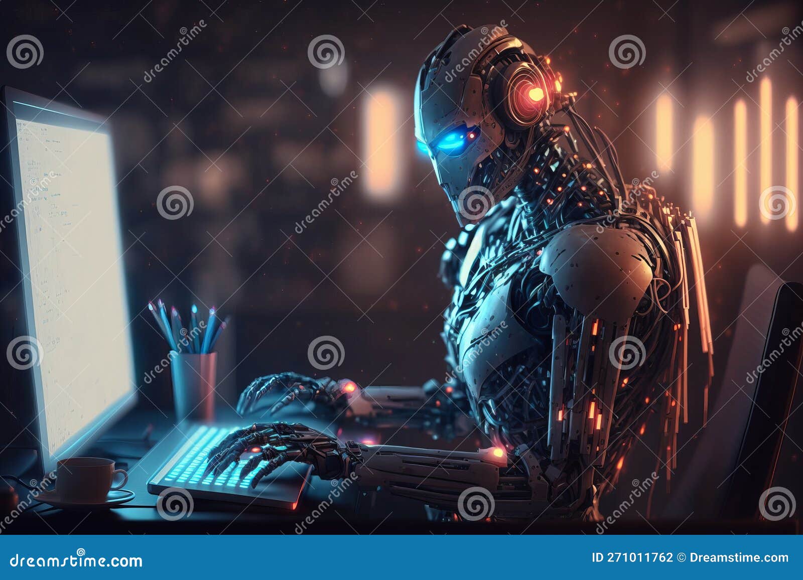 Ai Robot Working with Computer. Futuristic Humanoid Worker. Generative ...