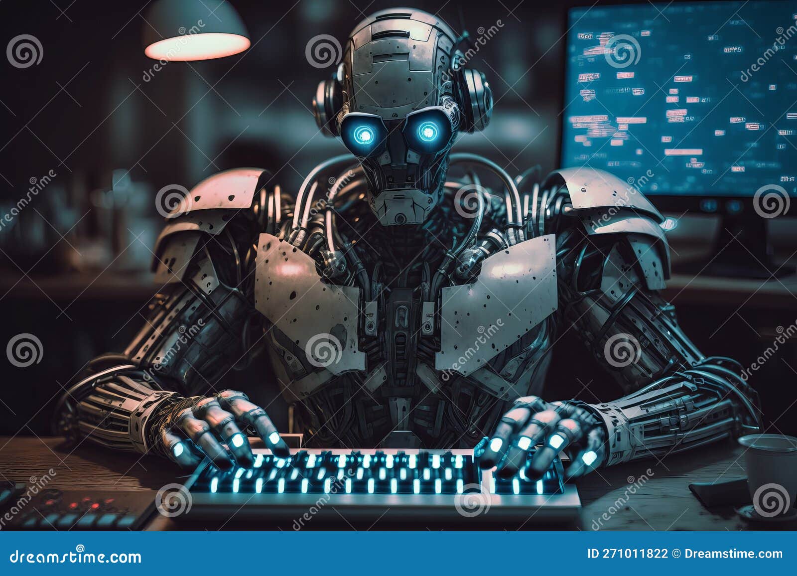 Ai Robot Working with Computer. Futuristic Humanoid Worker. Generative ...
