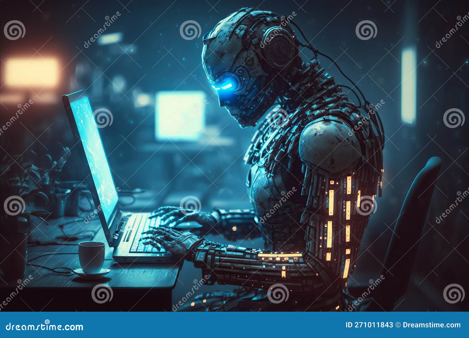 Ai Robot Working with Computer. Futuristic Humanoid Worker. Generative ...