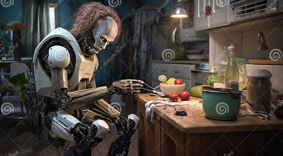 AI Robot Working in the House, AI Robot Doing Homework at Home, Bionic ...