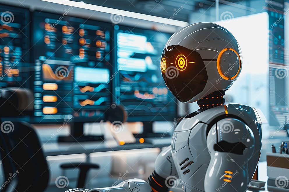 AI Robots with Screens Displaying Real Time Data Analysis and Learning Big Data in the World ...