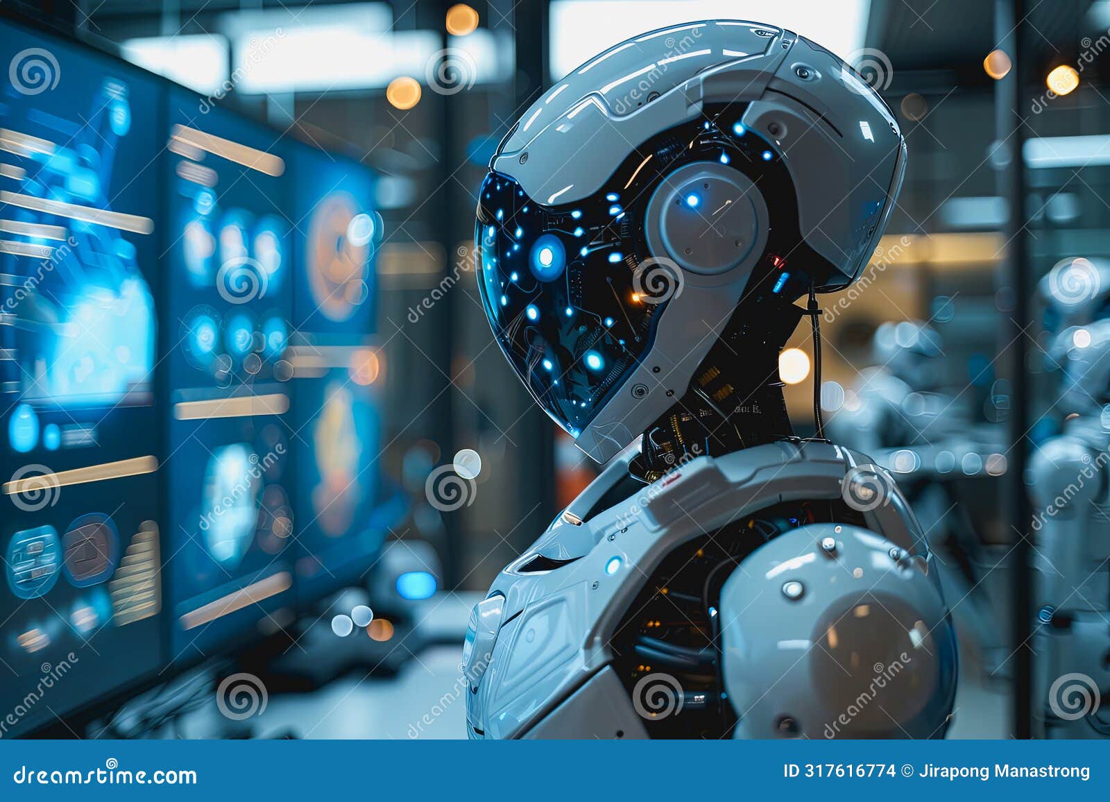 AI Robots with Screens Displaying Real Time Data Analysis and Learning Big Data in the World ...