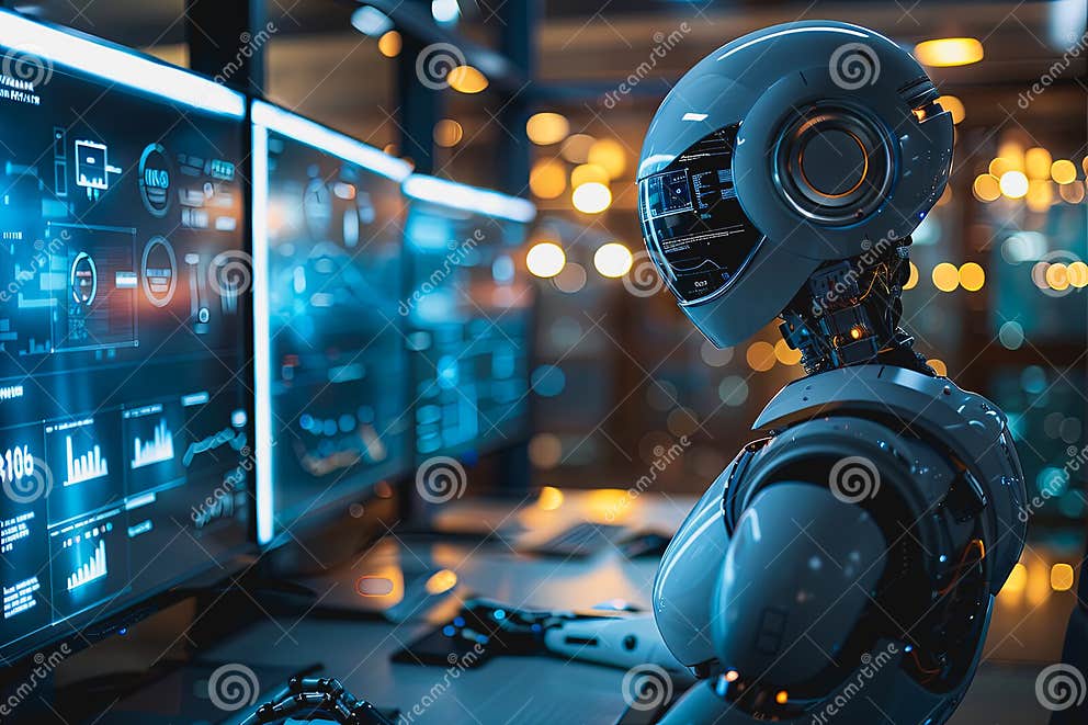 AI Robots with Screens Displaying Real Time Data Analysis and Learning Big Data in the World ...