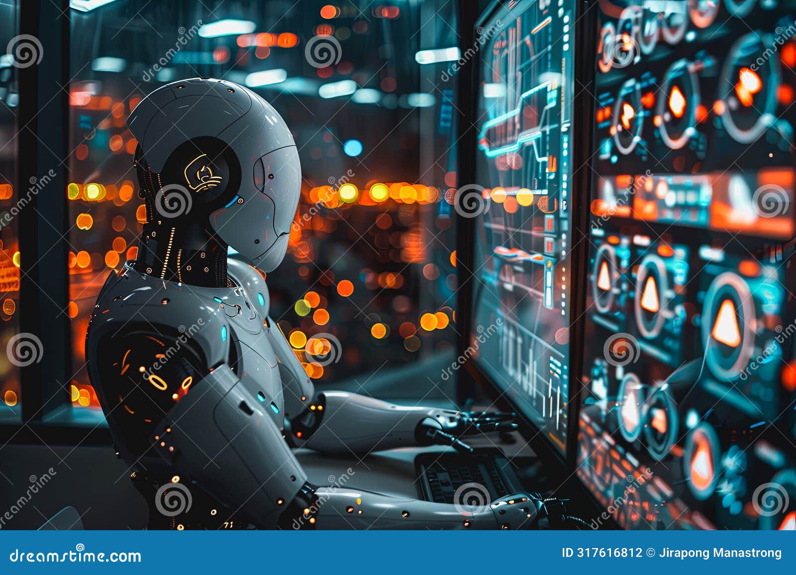 AI Robots with Screens Displaying Real Time Data Analysis and Learning Big Data in the World ...