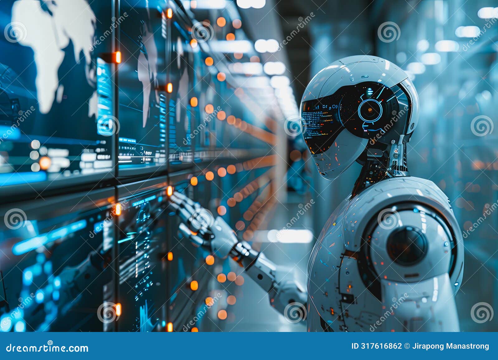 AI Robots with Screens Displaying Real Time Data Analysis and Learning Big Data in the World ...